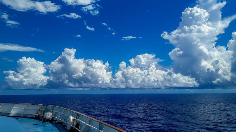 Ocean View from Ship Deck, Vibrant Blue Sky with Fluffy Cumulus Clouds ...