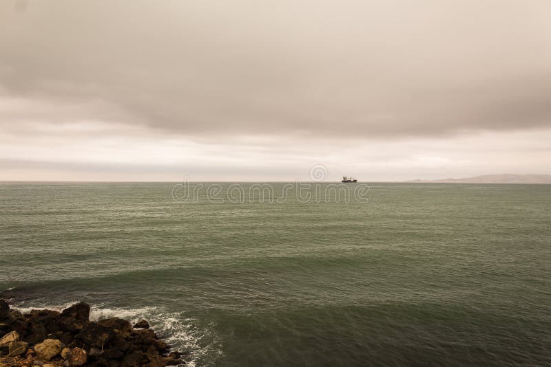 Ocean View and Tanker Ship Dark Cloudy Day Stock Photo - Image of ...