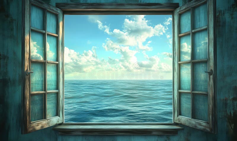 Ocean View through Vintage Window with Clouds and Blue Sky Stock Image ...