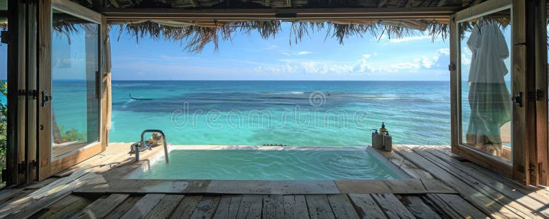 Ocean View from a Wooden Cabin with a Pool Stock Image - Image of ...