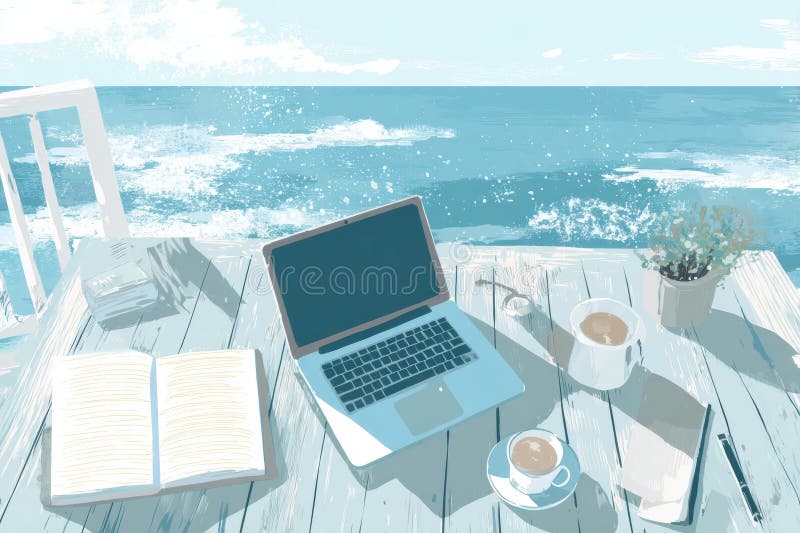 Ocean View Workspace Inspires Creativity with Laptop, Notebook, and ...