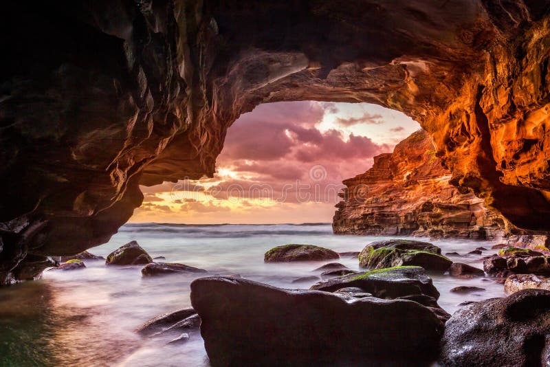 Ocean Views from Inside the Sea Cave Stock Photo - Image of mossy ...