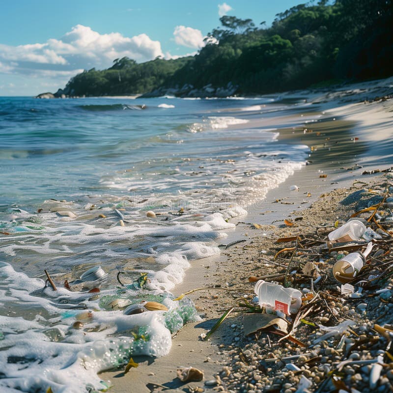 Ocean Waste Pollution on Serene Beach Stock Illustration - Illustration ...