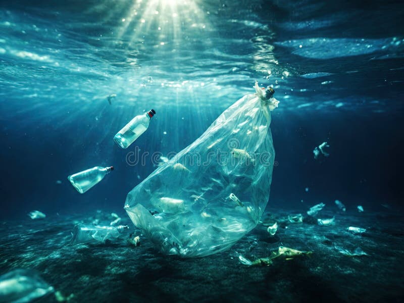 Ocean Water Pollution with Plastic Bags and Bottle Stock Photo - Image ...