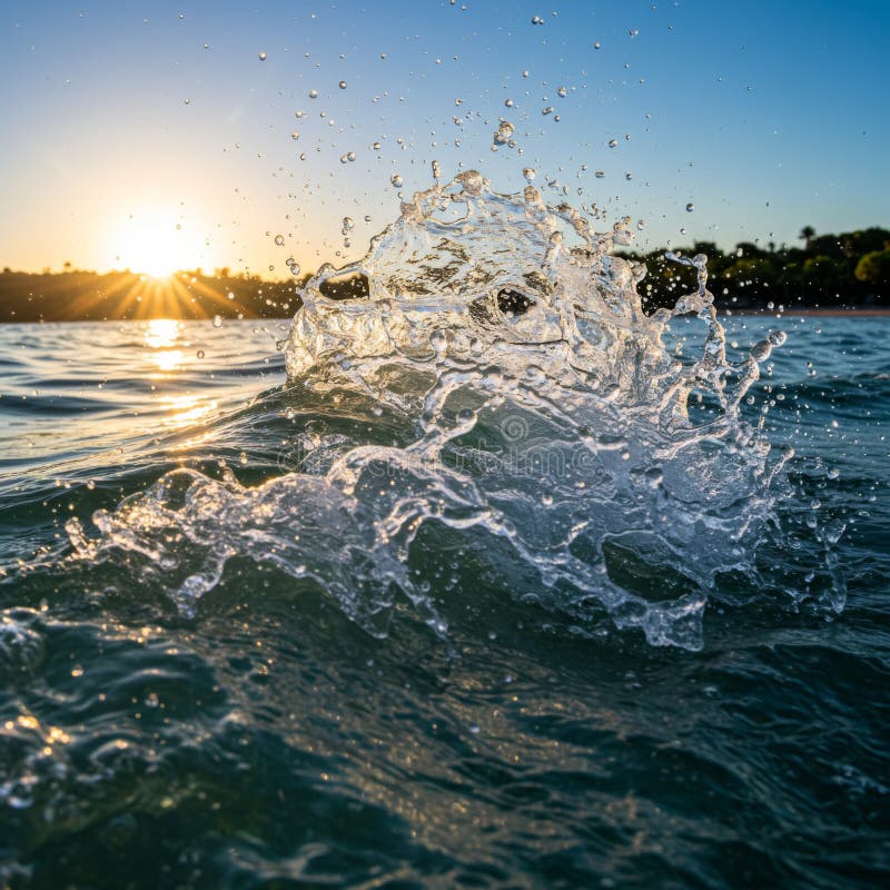 Ocean Water Splash at Sunset with Golden Rays Stock Illustration ...