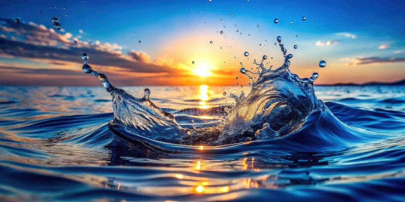 Ocean Water Splash at Sunset with Sun Reflection. Generative AI Stock Illustration ...