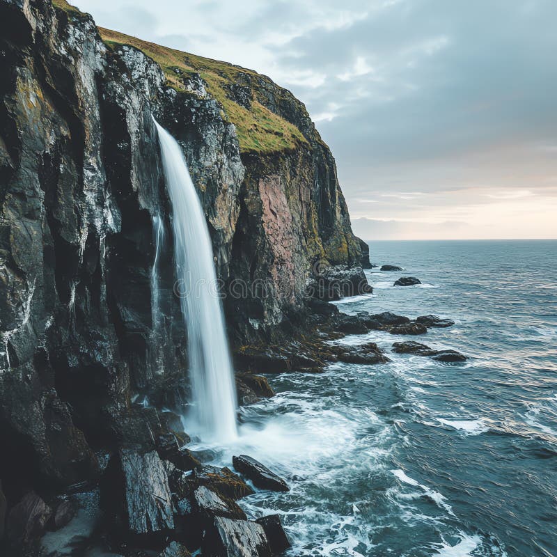 Ocean Waterfall Cascading Down Cliffside Stock Photo - Image of coast ...