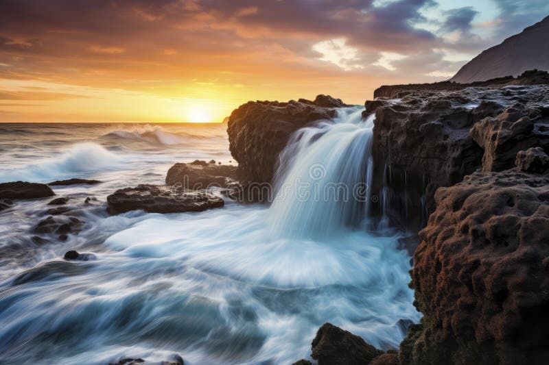 Ocean Waterfall on Rocky Cliff at Sunset Stock Photo - Image of ...