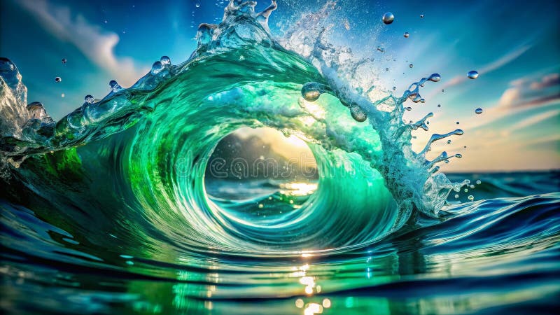 Ocean Wave Backlit by Sunlight Creating a Vibrant Green and Blue Hue ...