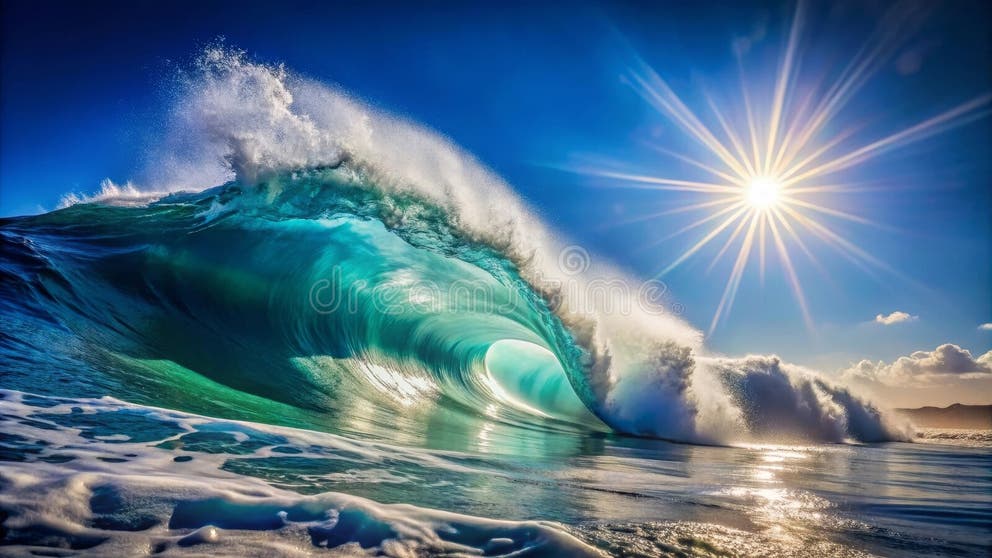 Ocean Wave Barrel with Bright Sun in Clear Sky. Generative AI Stock ...