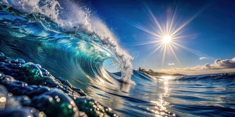 Ocean Wave Barrel Rolling in Sunlight, Powerful Turquoise Water, Bright ...