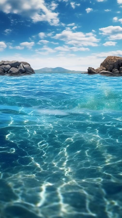 Ocean Blue Water Wave Beach with Clouds, Rocks and Sand. Nature Theme ...