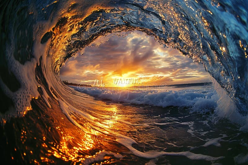 Ocean Wave Breaking on Beach with Beautiful Sunset and Reflection in ...