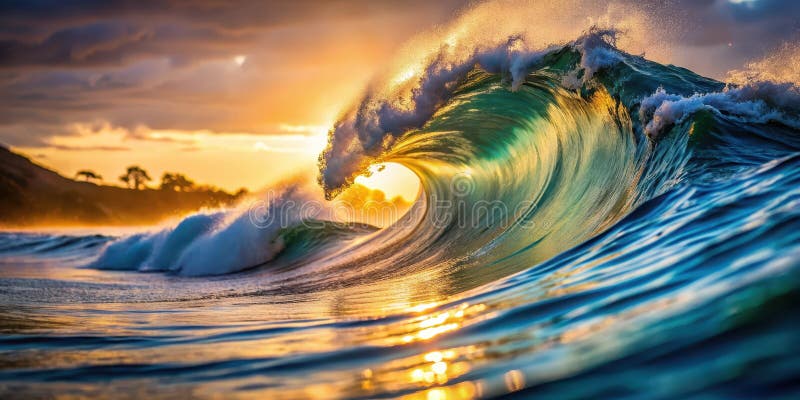 Ocean Wave Breaking at Sunset, Sunlit Water, Vibrant Colors. Generative ...
