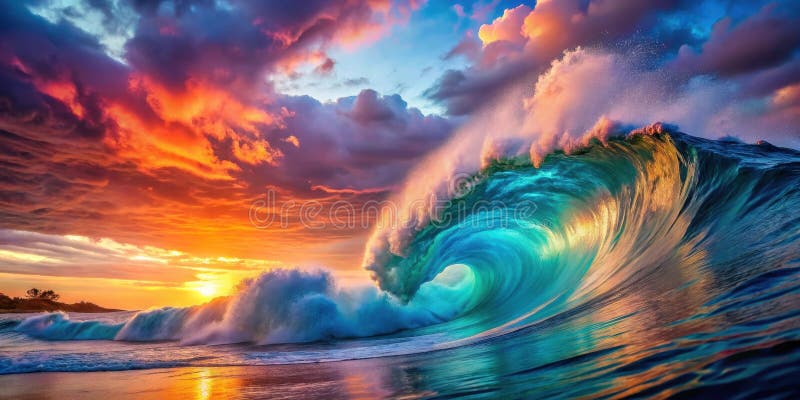 Ocean Wave Breaking at Sunset with Vibrant Colors. Generative AI Stock ...
