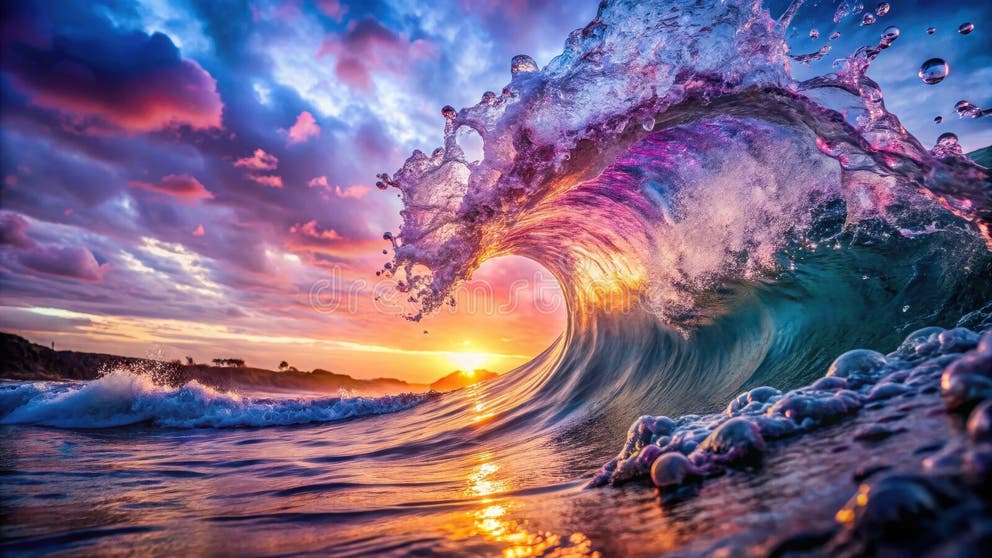 Ocean Wave Breaking during a Vibrant Sunset, Displaying a Spectrum of ...