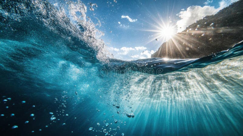 Ocean Wave Breaks, Sunlight Beams Underwater, Bubbles Rise Stock ...