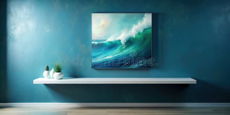 Ocean Wave Canvas Art on Teal Wall Shelf. Generative AI Stock ...