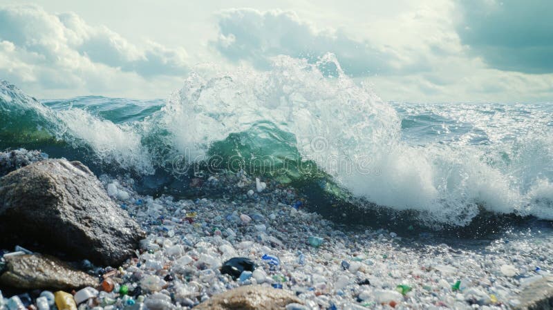 Ocean Wave Crashing on a Beach Covered in Plastic Debris Stock ...