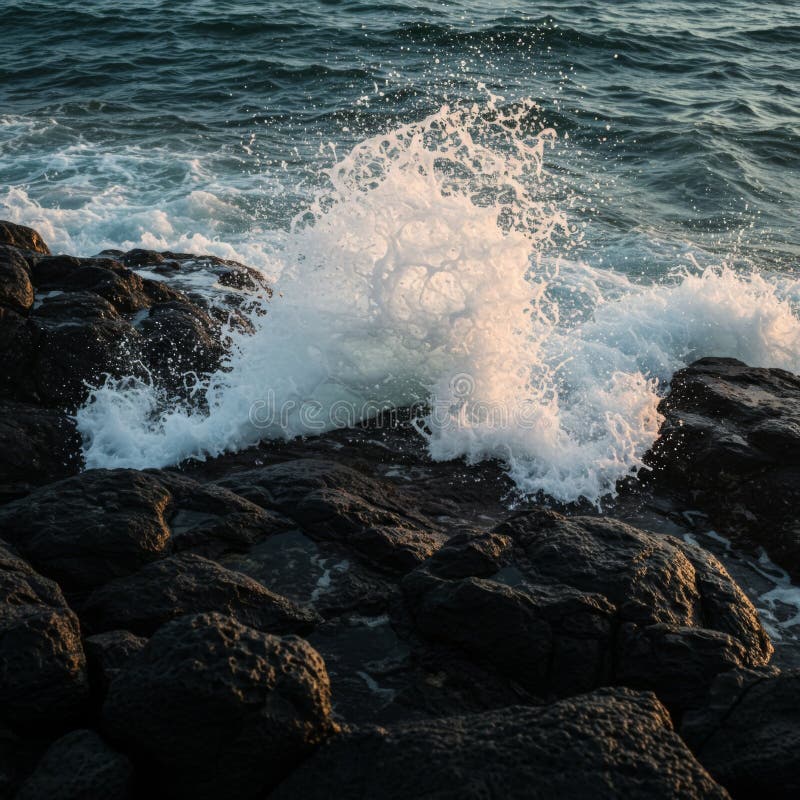 Ocean Wave Crashing on Dark Rocks Stock Illustration - Illustration of ...