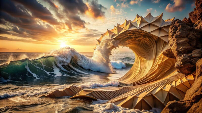 Ocean Wave Crashing through Golden Geometric Structure at Sunset ...