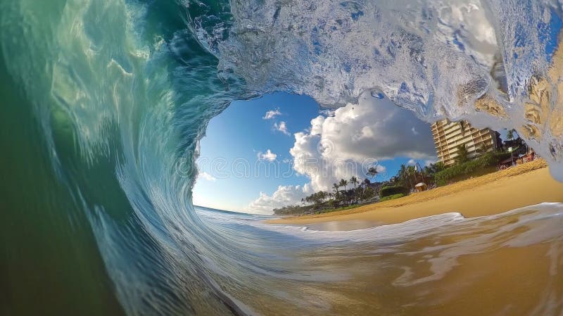 Ocean Wave Crashing Over Beach with Buildings in Background Stock ...