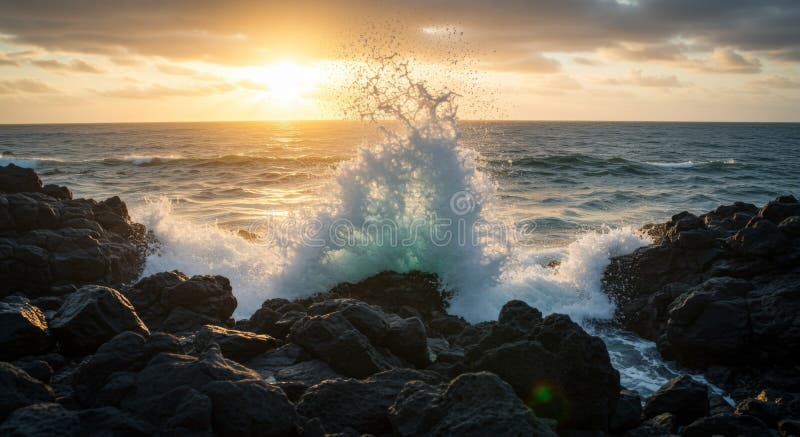 Ocean Wave Crashing on Rocks at Sunrise Stock Illustration ...