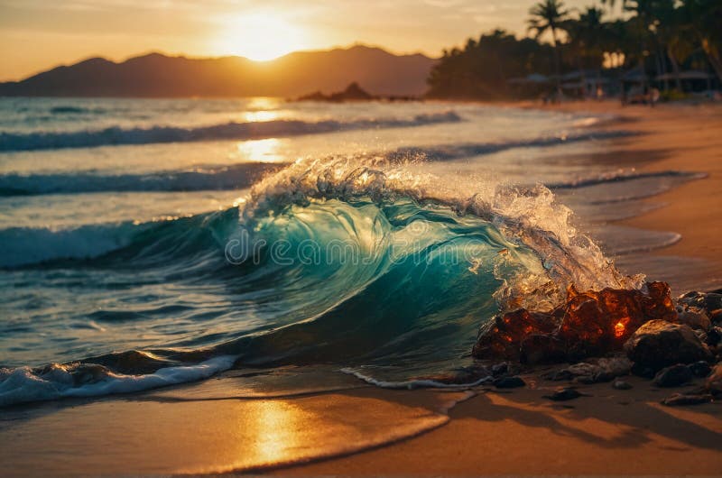 Ocean Wave Crashing on Sandy Beach at Sunset Stock Illustration ...
