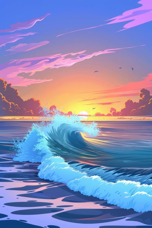 Ocean Wave Crashing at Sunset, Colorful Ocean Wave with Sunset in ...