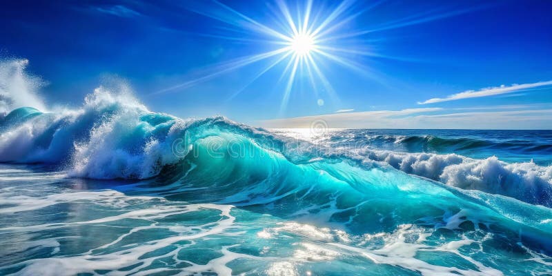 Ocean Wave Crashing Under a Bright Sun, Digital Art, Blue Ocean, White Foam, Sun Rays, Ocean ...