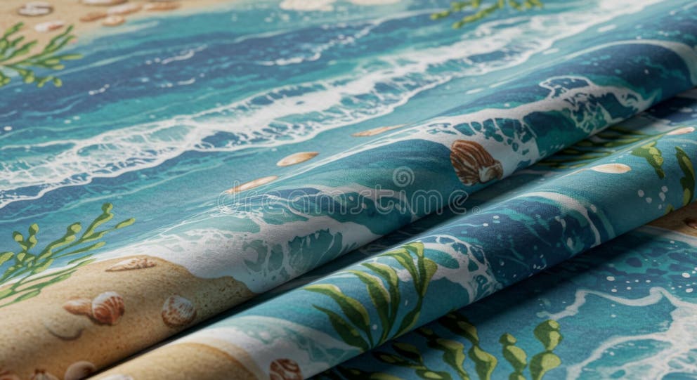 Ocean Wave Fabric Texture with Shells and Seaweed Stock Illustration ...