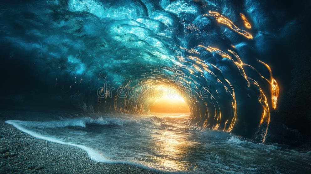 Ocean Wave Ice Cave Sunset Beach Scene Stock Illustration ...