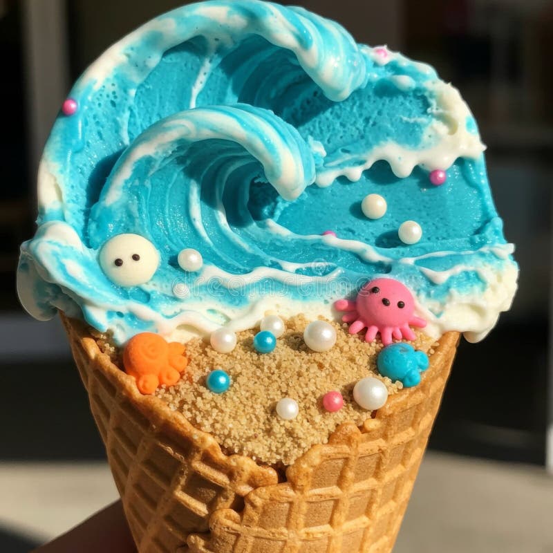 Ocean Wave Ice Cream Cone with Adorable Sea Creatures Stock ...