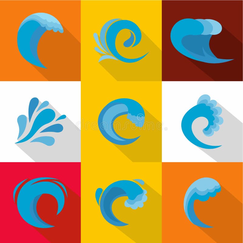 Ocean Wave Icons Set, Flat Style Stock Vector - Illustration of icons ...
