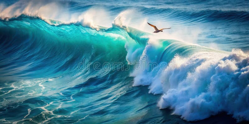 Ocean Wave Majesty a Bird in Flight Soars Over a Powerful, Turquoise ...
