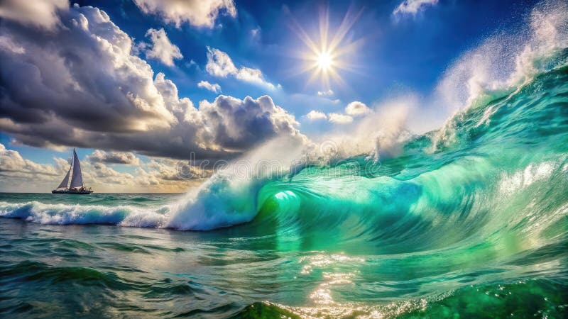 Ocean Wave Majesty Sailboat and Sunlit Barrel Wave Under Dramatic ...
