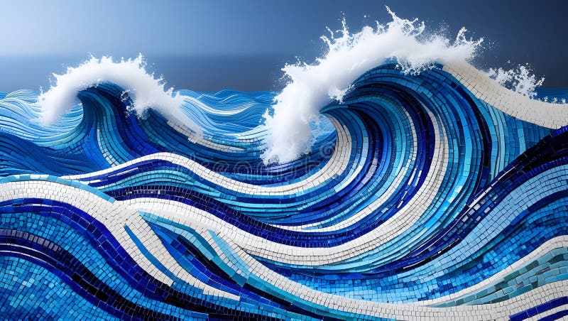 Ocean Wave Mosaic Artwork – Glossy Blue and White Ceramic Tiles Stock ...