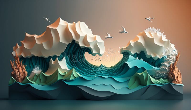 Ocean and Wave in Paper Art and Craft Style. Created Using Generative ...