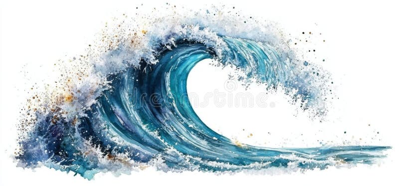 An Ocean Wave Rendered in Watercolor, Positioned on a Transparent White ...