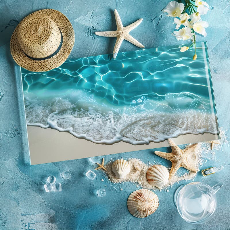 Ocean Wave Resin Art Tray with Beach, Shells, Starfish, Hat, Ice Stock ...