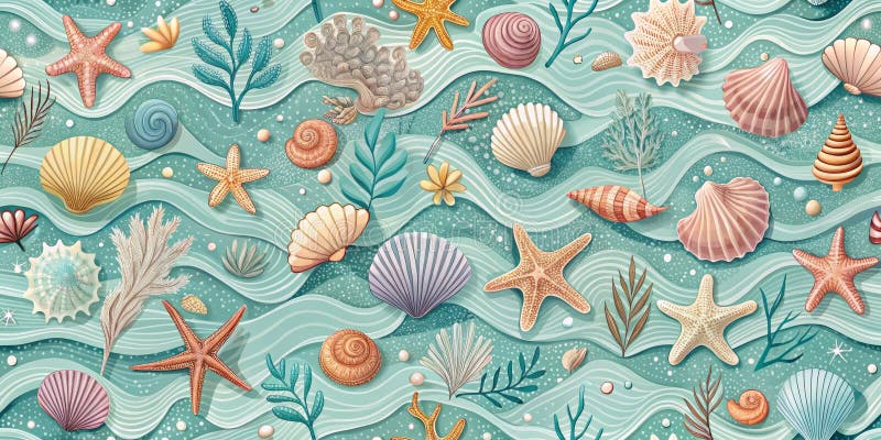 Ocean Wave Seamless Pattern with Starfish and Shells. Generative AI ...