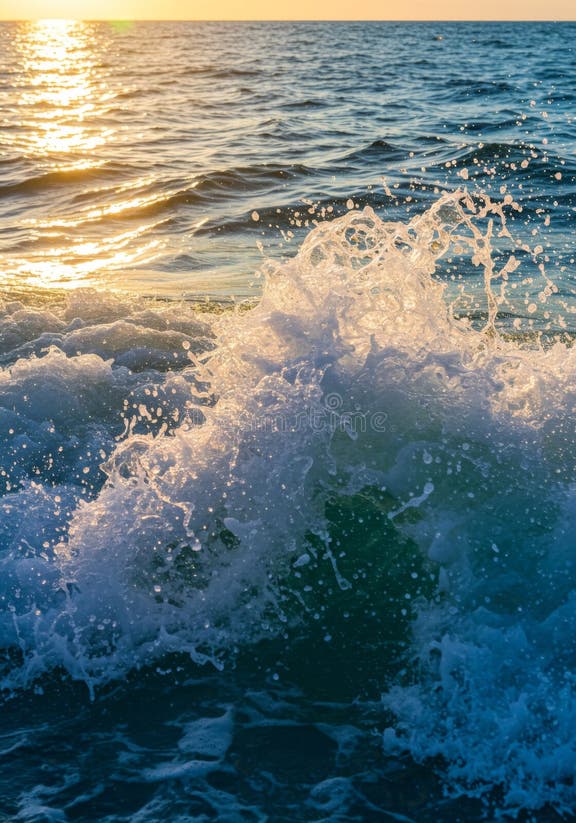 Ocean Wave Splash at Sunset with Golden Light Stock Illustration ...