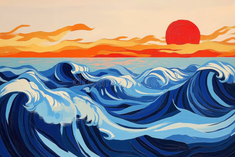 Ocean Wave Sun Clouds Blue Yellow Abstract Ocean Wave Creative AI Stock ...