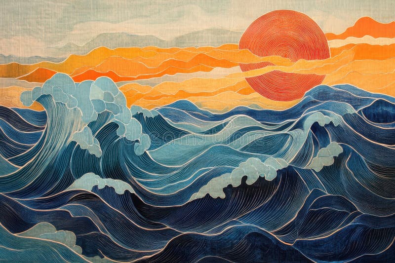 Ocean Wave Sun Clouds, Blue Yellow Abstract Ocean Wave. Traditional ...