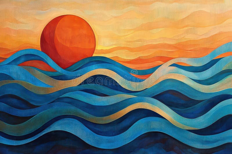 Ocean Wave Sun Clouds, Blue Yellow Abstract Ocean Wave. Traditional ...