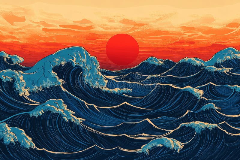 Ocean Wave Sun Clouds, Blue Yellow Abstract Ocean Wave. Traditional ...