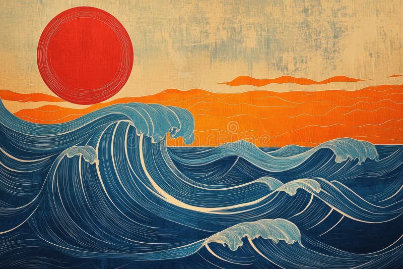 Ocean Wave Sun Clouds, Blue Yellow Abstract Ocean Wave. Traditional ...