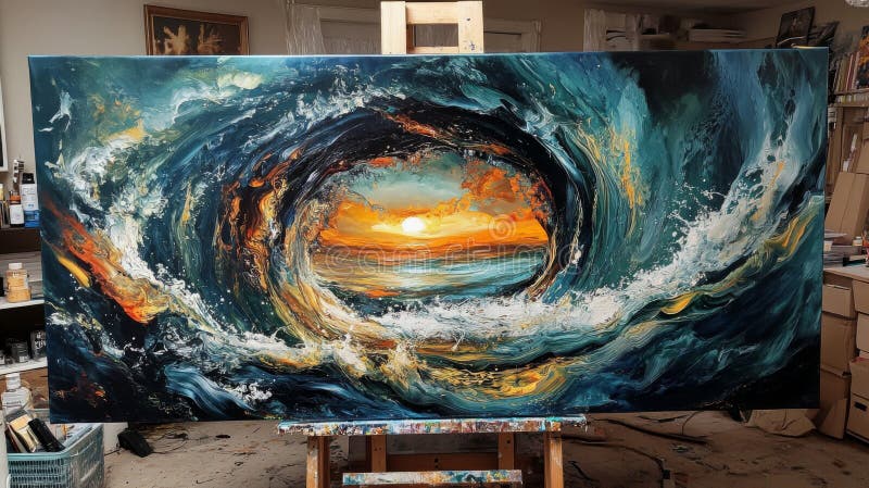 Ocean Wave Sunset Abstract Painting Artwork Stock Illustration ...