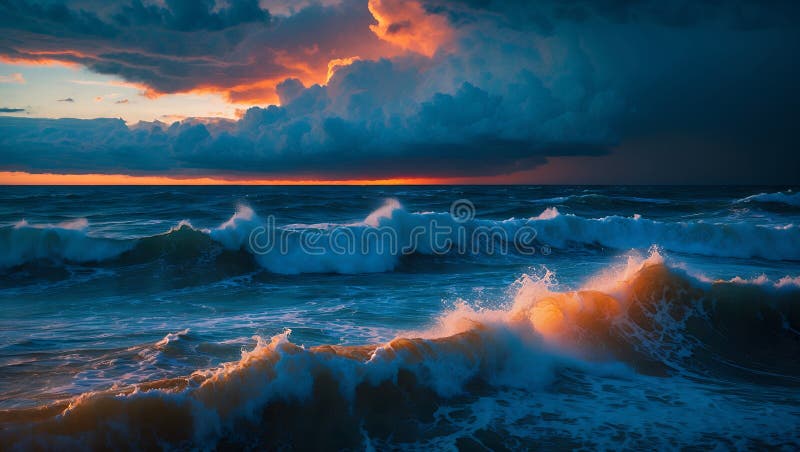 Dramatic Ocean Waves at Sunset Stock Illustration - Illustration of ...