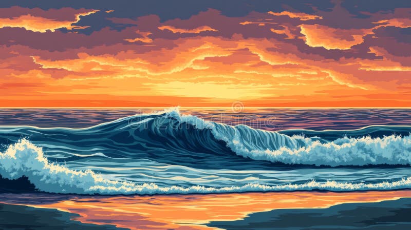Ocean Wave at Sunset Pixel Art Seascape Stock Illustration ...